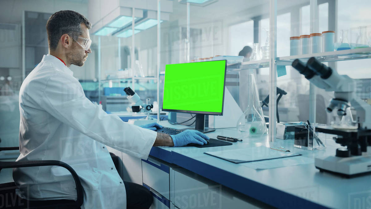 Microbiologist Working on Computer with Display with Green Chroma Key ...