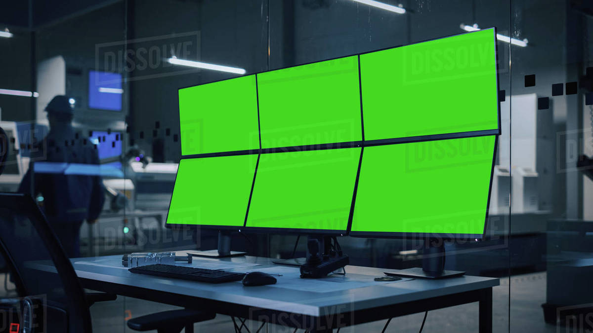 Security Control Room with Computer with 6 Screens Showing Green Screen ...