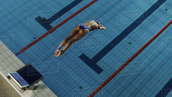 Beautiful Female Swimmer Diving in Swimming Pool. Professional Athlete ...