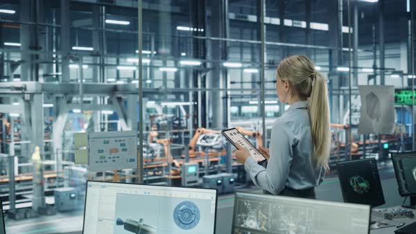 Car Factory Office Concept: Female Chief Automotive Engineer Using ...