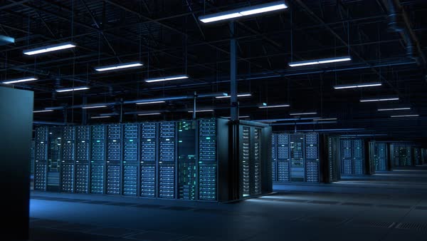 Modern Data Technology Center Server Racks Working in Dark Facility ...