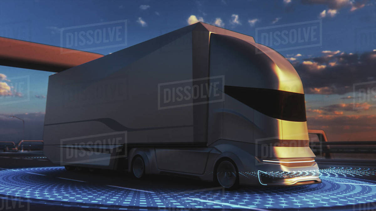 Autonomous Self-Driving Lorry Truck with Cargo Trailer Drives on the ...