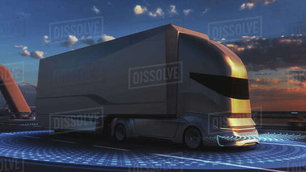 Autonomous Self-Driving Lorry Truck with Cargo Trailer Drives on the ...