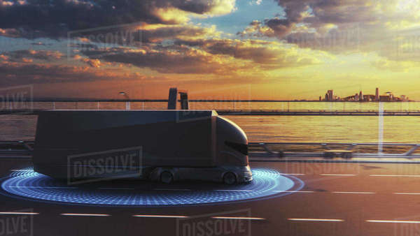 Autonomous Self-Driving Lorry Truck with Cargo Trailer Drives on the ...