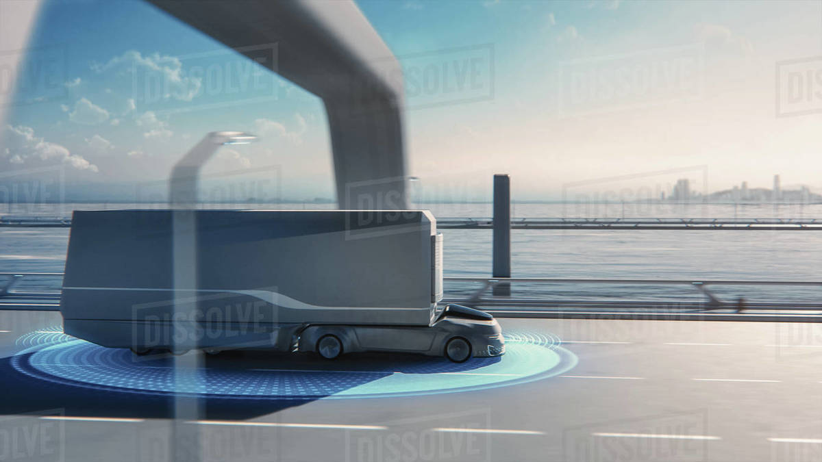 Autonomous Self-Driving Lorry Truck with Cargo Trailer Drives on the ...
