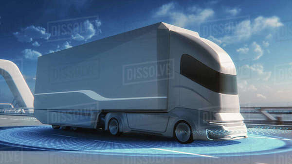 Autonomous Self-Driving Truck with Cargo Trailer Drives on the Road ...