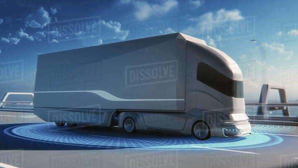 Autonomous Self-Driving Truck with Cargo Trailer Drives on the Road ...