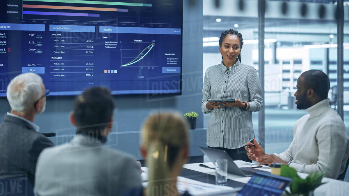 Female Digital Entrepreneur Uses TV Screen with Big Data - Royalty-free ...