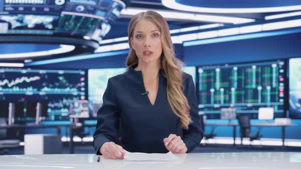 TV Live News Program: Professional Female Presenter Reporting on Events ...