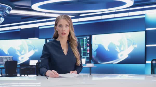 TV Live News Program with Professional Female Presenter Reporting ...