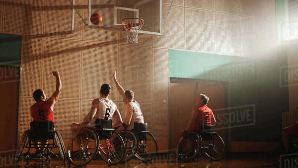 Wheelchair Basketball Game: Professional Players Competing, Dribbling ...