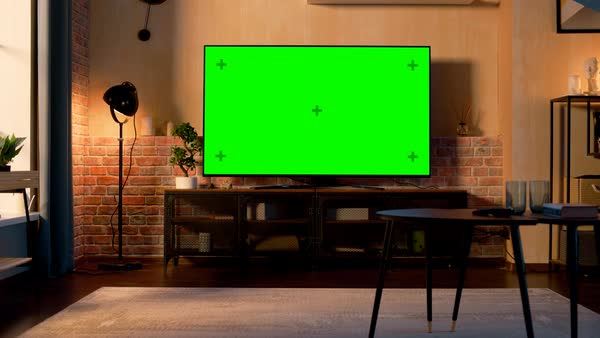 Stylish Loft Apartment Interior with TV Set with Green Screen Mock Up ...