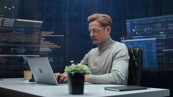 Office Manager with Animated Virtual Background: Businessman Sitting at ...