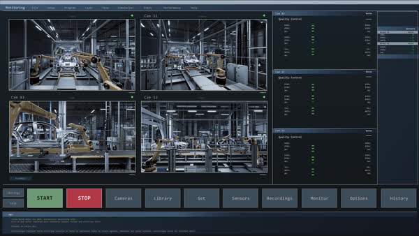 Video Camera Live Feed from a Car Factory Automated Robot Arm Assembly ...