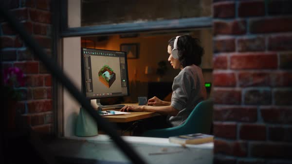 Female Video Game Designer Works on a New 3D Level on Her Personal ...