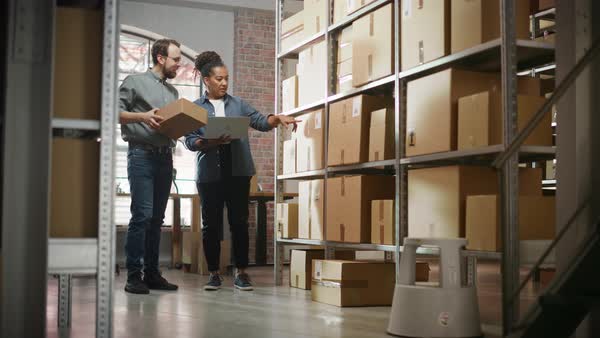 Small Business Owner and Employee Checking Stock and Inventory with ...