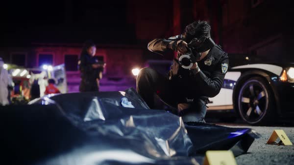 Policeman Taking Photos of Bagged Corpse Found Murdered in a Back Alley ...