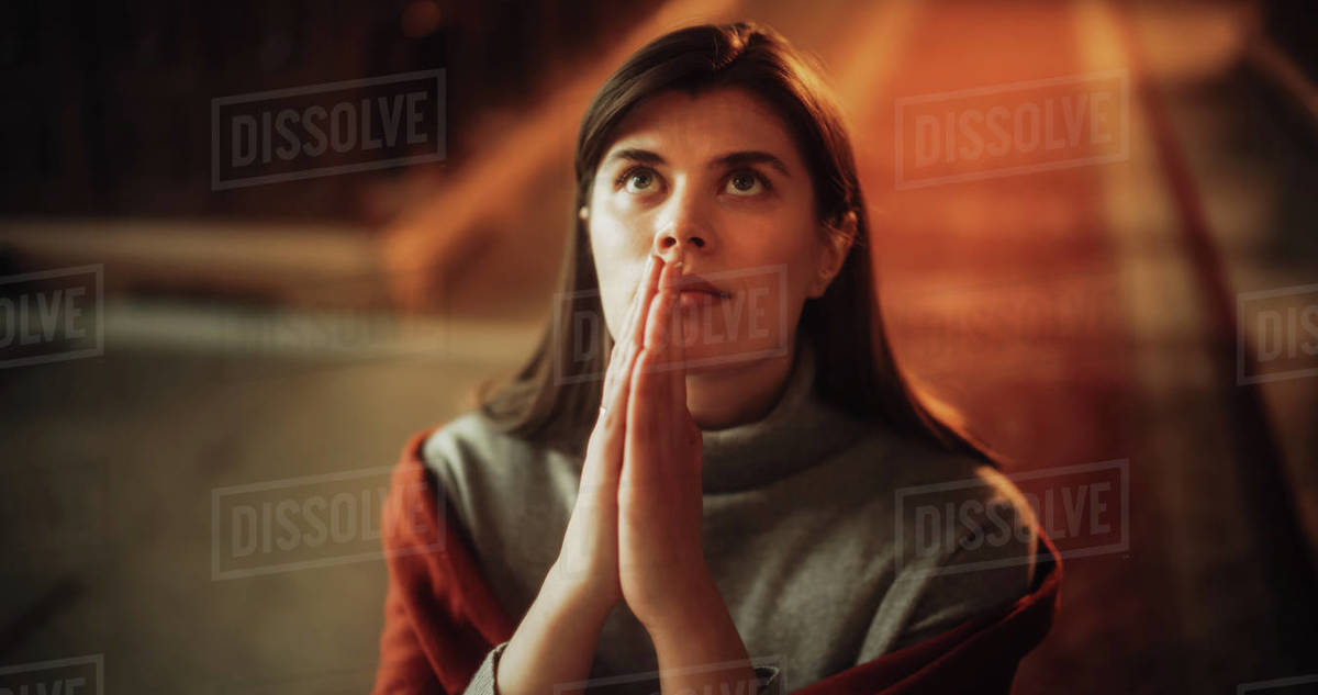 Portrait of Devout Christian Woman Siting Piously In a Church, Folding ...
