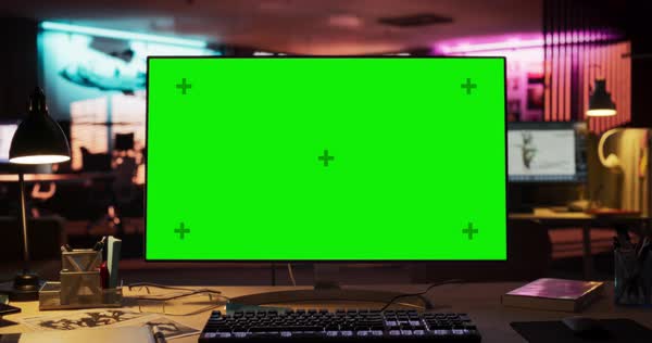 Desktop Computer with Mock Up Green Screen Chroma Key Display Standing ...