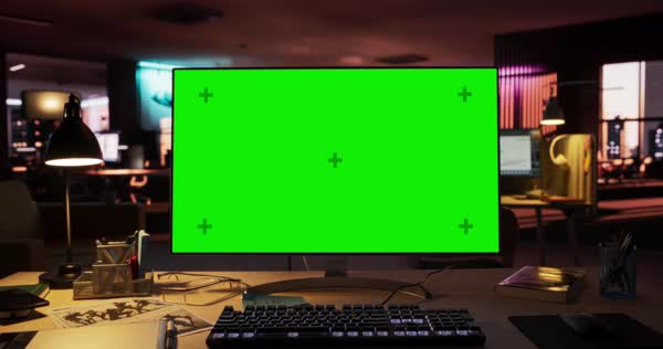 Zoom Out Shot of Desktop Computer Monitor Standing on a Wooden Desk ...