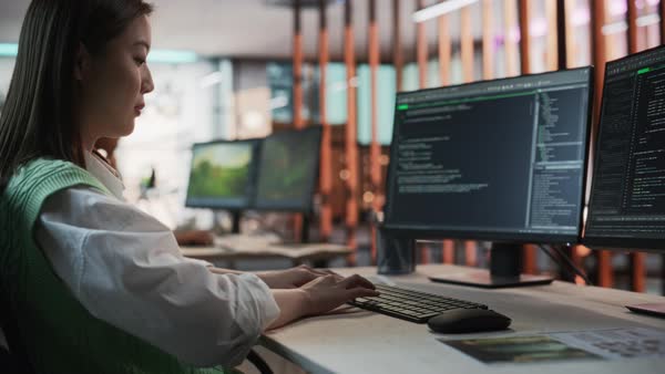 Female Asian Game Programmer Coding On Desktop Computer In Game ...