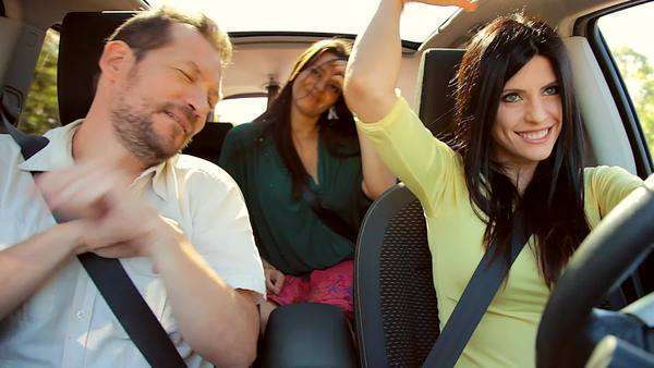 Cool funny people having fun inside car driving happy - Stock Video ...