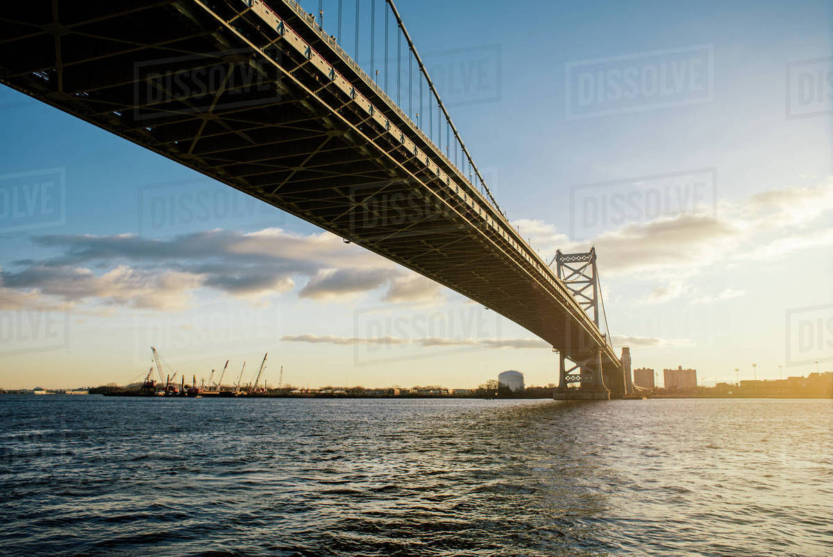 View of Benjamin Franklin Bridge over Delaware River during sunset ...