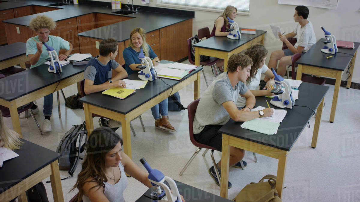 High angle view of students working together at scientific experiments ...