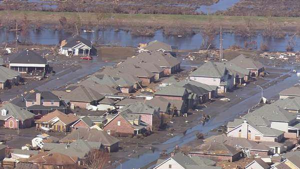 Medium shot aerial POV houses drowned due to floods - Stock Video ...