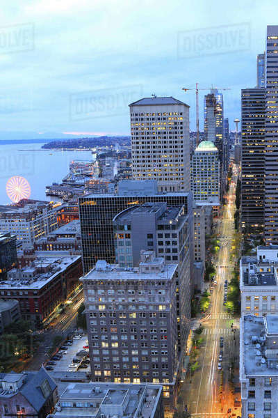A Vertical aerial Seattle, Washington skyline at twilight - Royalty ...