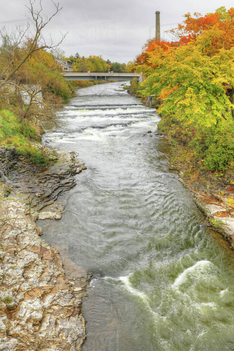A Vertical of the Grand River at Fergus, Ontario, Canada in Autumn ...
