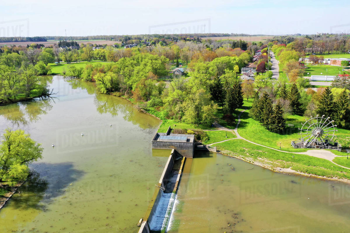 An aerial of the large waterwheel in New Hamburg, Ontario, Canada ...