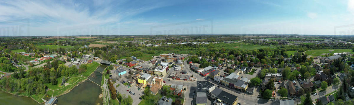An aerial panorama scene of downtown New Hamburg, Ontario, Canada ...