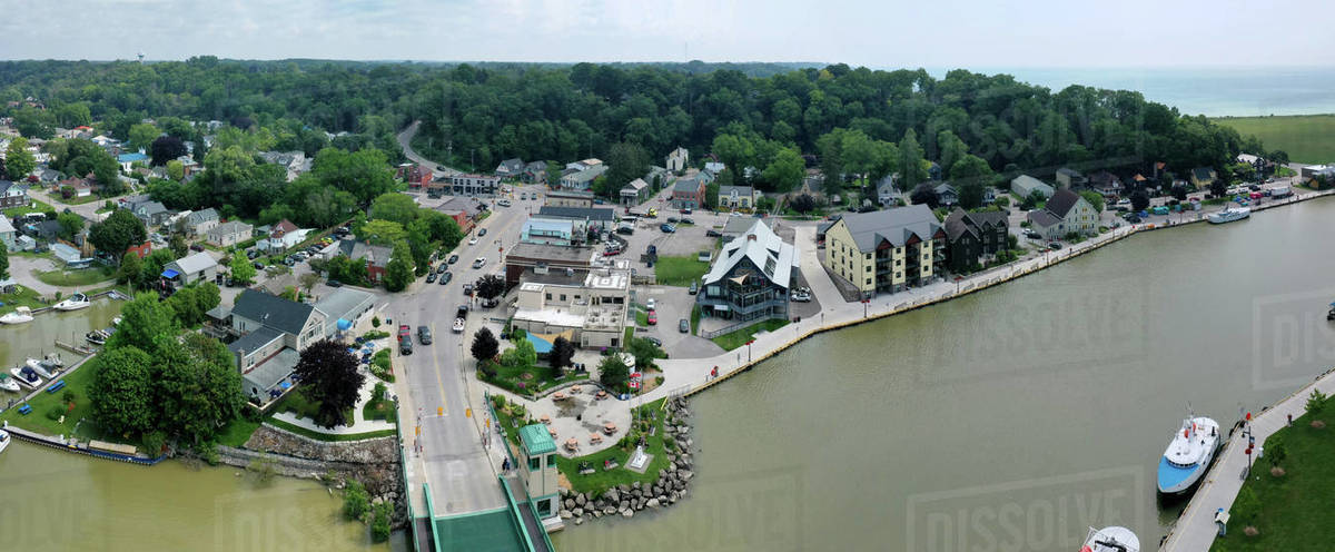 An aerial panorama scene of Port Stanley, Ontario, Canada - Royalty ...