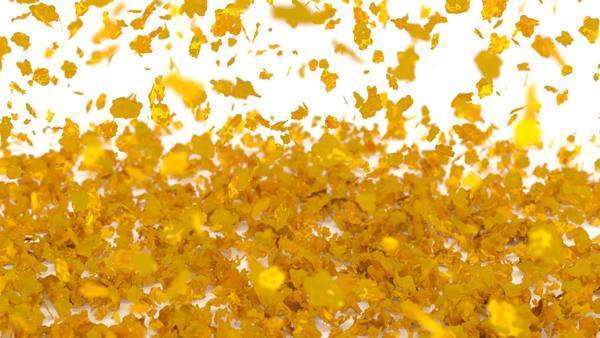 Animated falling and stacking realistic gold flakes against white ...