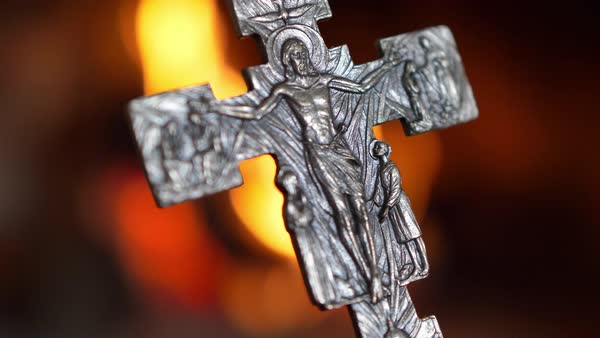 Crucifix Silhouette on Fire Flames Defocused Dark Background Slow ...