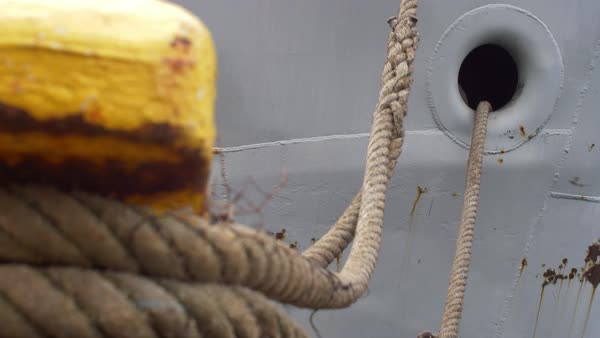 Moored Ship Swinging on Waves Moving Mooring Ropes Up and Down on ...