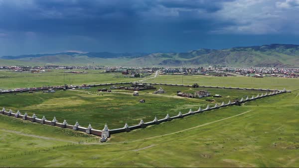 Aerial around view of the Kharkhorin Erdene Zuu Monastery in Kharkhorin ...