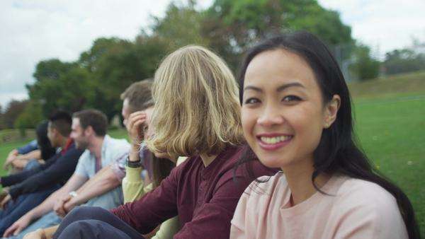 Happy close group of friends in natural outdoor setting. - 4K Royalty ...