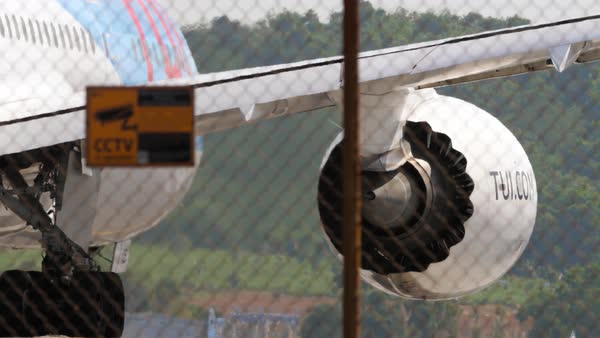 PHUKET, THAILAND - Jet engine closeup. Boeing 787 Dreamliner of TUI at ...