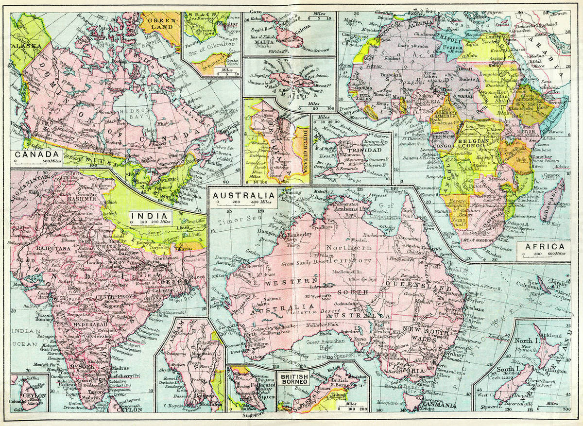 Map of British possessions in 1914 at the outbreak of WWI. From The ...