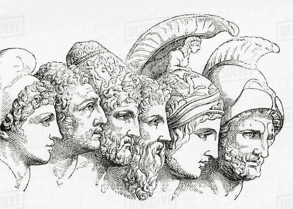The heroes of the Trojan War. From left to right, Paris, Diomedes ...