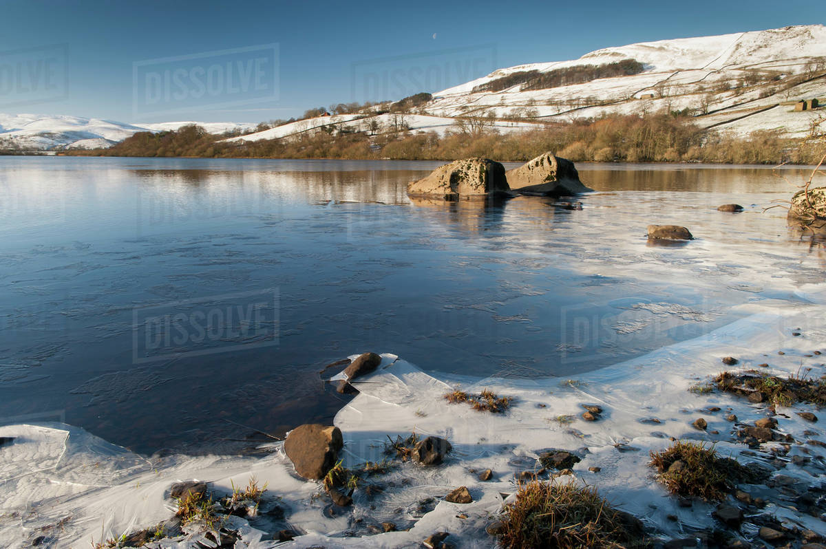 Semerwater in winter, with ice forming around the edge; Wensleydale ...