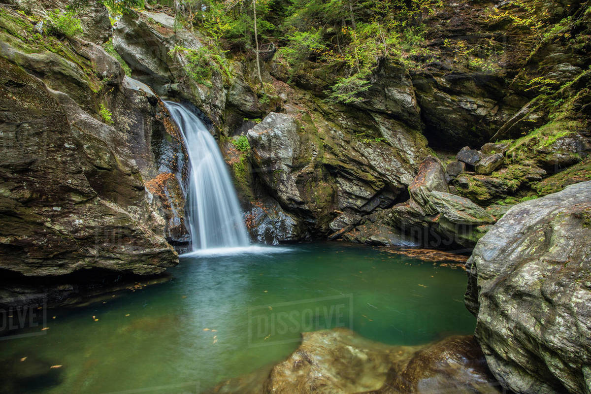 Bingham Falls with foliage on the rugged rocks,Green Mountains - Stock ...