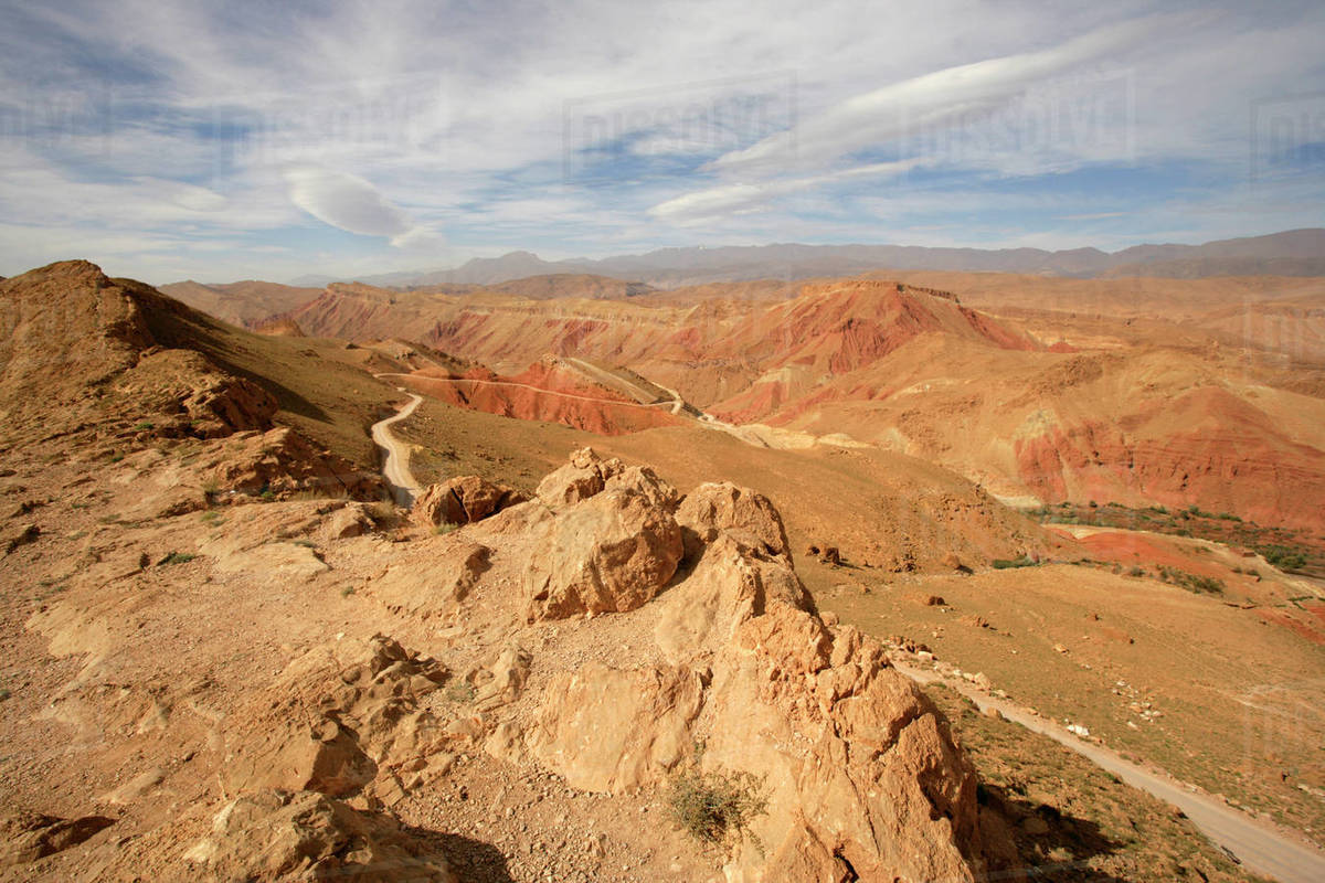 View Of Road Through Valley Of Roses, Dades Valley,Morocco - Stock ...