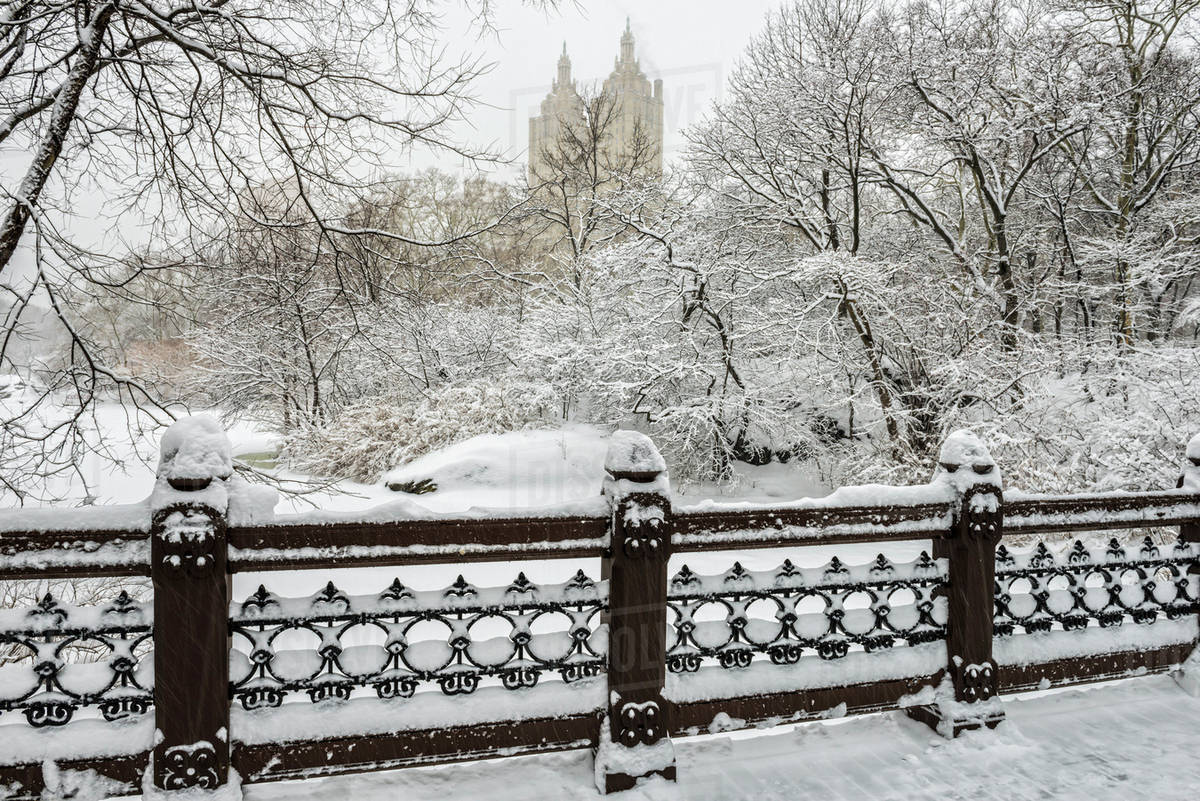 Snow-covered landscape from Oak Bridge, Central Park; New York City ...