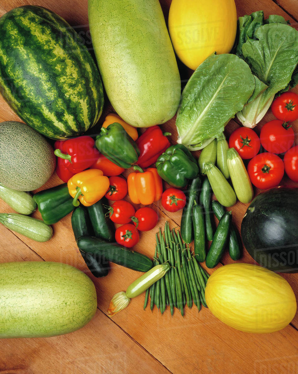 Agriculture - Mixed Melons And Vegetables On Wood; Watermelons ...