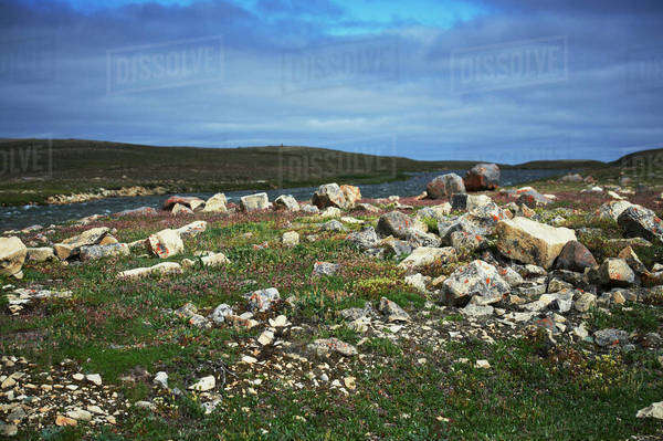 Rocky tundra and a river; Cambridge Bay, Nunavut, Canada - Stock Photo ...