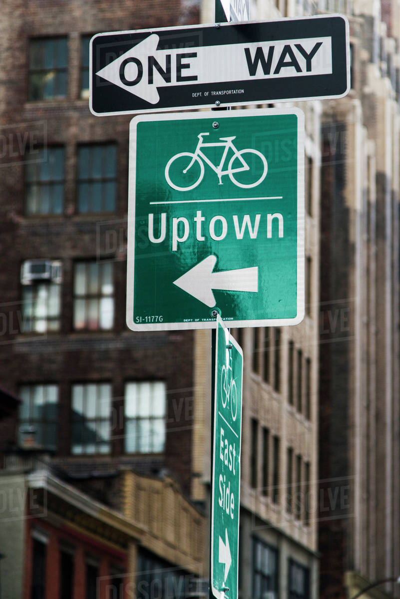 Street signs for traffic and destinations; New York City, New York ...