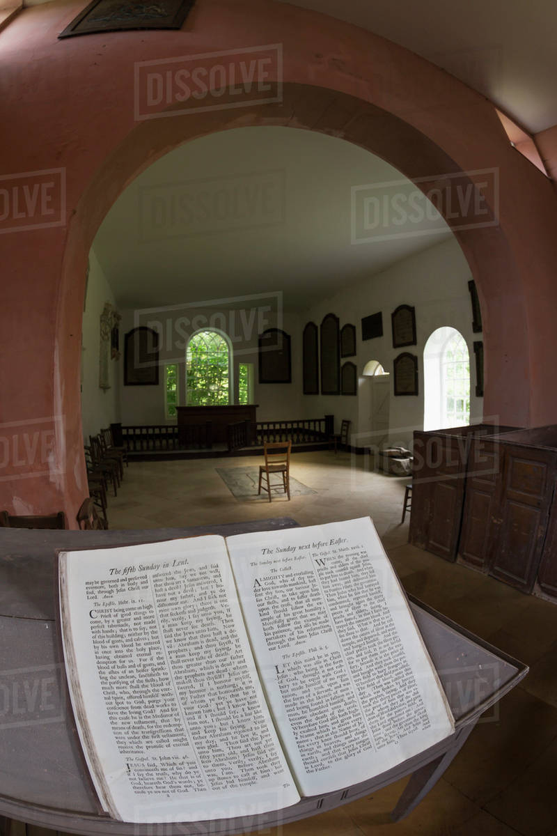 On open Bible on display in a church; Northumberland, England - Stock ...